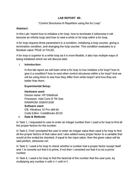 CP Lab Report 5 LAB REPORT 5 Control Structures III Repetition