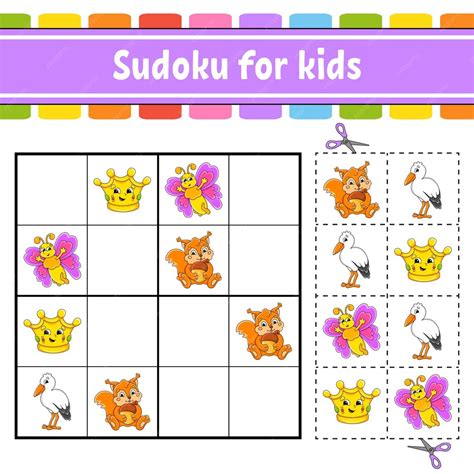 아이들을 위한 스도쿠 교육 개발 워크시트 사진이 있는 활동 페이지 아이들을 위한 퍼즐 게임 논리적 사고 훈련 재미있는 캐릭터 벡터 그림 프리미엄 벡터