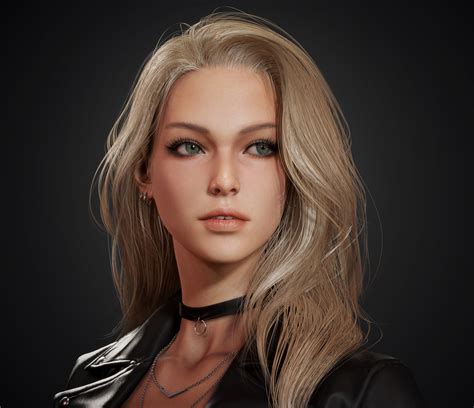 배경 화면 Sihwa Lee Cgi 여자들 금발의 긴 머리 구불 거리는 머리카락 녹색 눈 멀리보고 높은 칼라 보석류 목걸이 초상화 가죽 자켓