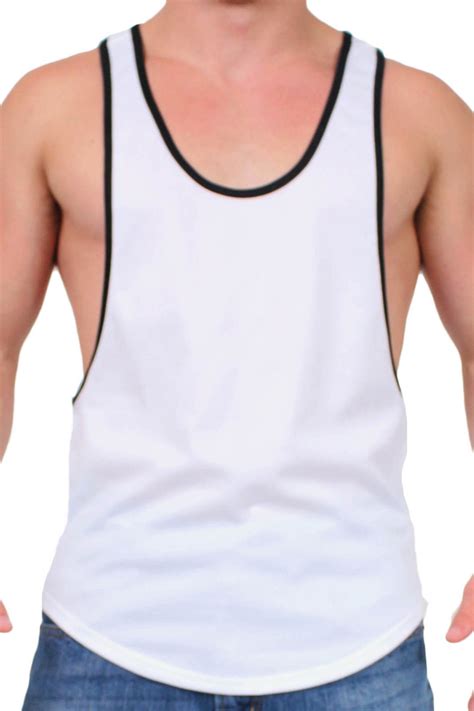 Mens Dri Fit Open Side Racerback White Tank Top Gym Workout Rib Ringer Shirt Ebay