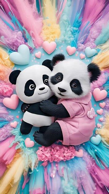 Two Pandas Hugging In Front Of A Heart Shaped Background Premium Ai Generated Image