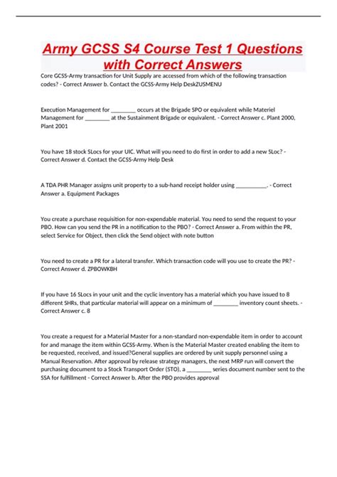 Army Gcss S4 Course Test 1 Questions With Correct Answers Gcss Army