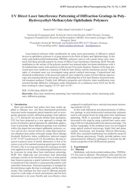 Pdf Uv Direct Laser Interference Patterning Of Diffraction Gratings Jlmn Journal Of Laser