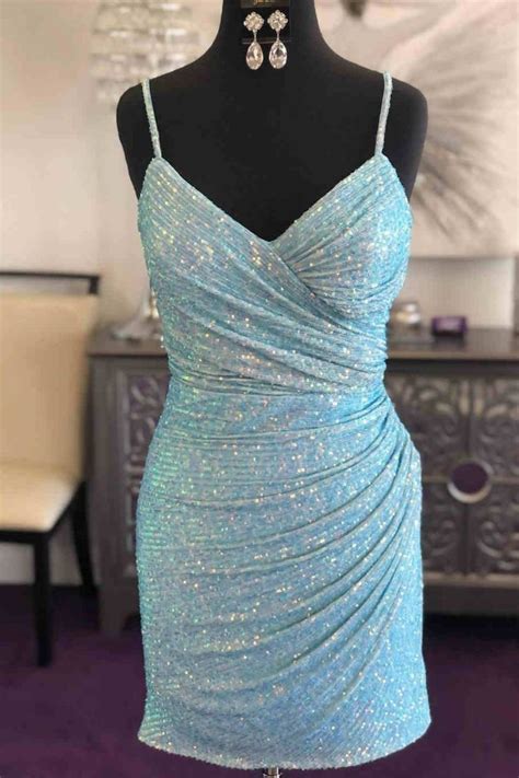 Light Blue Sequind Tight Homecoming Dress Halloween Outfits Light Blue Prom Dress Blue