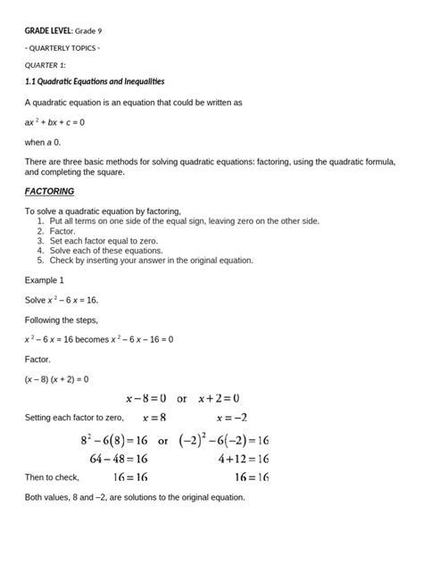 Grade 9 Topics For The Application Pdf Quadratic Equation Equations