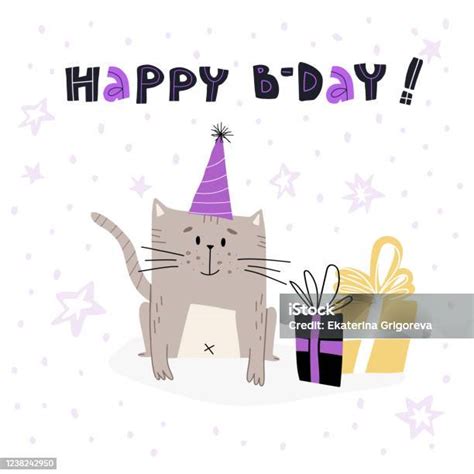 귀여운 고양이 가 축제 파티 모자 미소와 생일을 즐기고 활과 선물 상자가 근처에 서있다 손 문자 인사말 텍스트입니다 재미있는 카드와 배너 디자인 플랫 벡터 절연 그림입니다