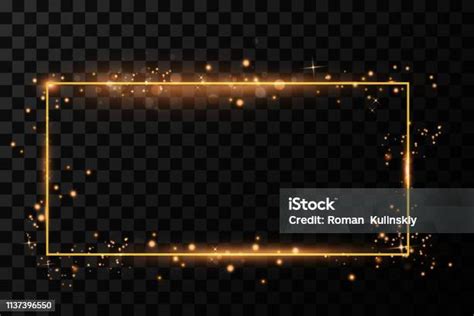 조명 효과와 벡터 황금 프레임입니다 빛나는 사각형 배너입니다 검은 투명 배경에 고립 벡터 일러스트 레이 션 Eps 10 프레임에 대한 스톡 벡터 아트 및 기타 이미지