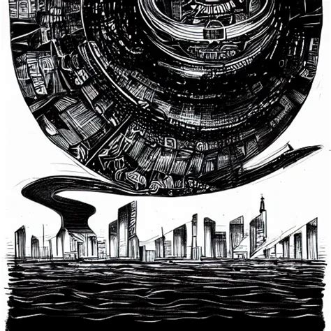 A Black Ink Sketch Of A Alien Civilization Srchitecture Stable
