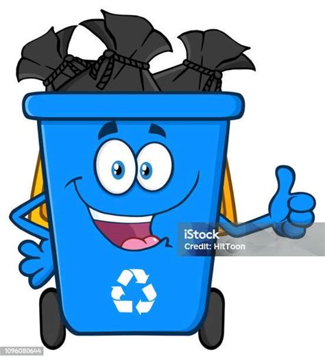 แฮปปี้บลูรีไซเคิลถังขยะการ์ตูนมิ่งขวัญตัวละครที่เต็มไปด้วยถุงขยะให้นิ้วหัวแม่มือขึ้น ภาพประกอบ