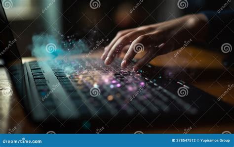 A Young Adult Programmer Typing On Laptop In Illuminated Office Generated By Ai Stock