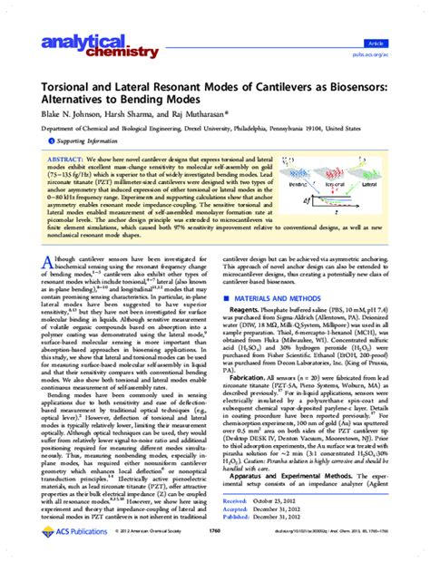 Pdf Torsional And Lateral Resonant Modes Of Cantilevers As Biosensors Alternatives To Bending