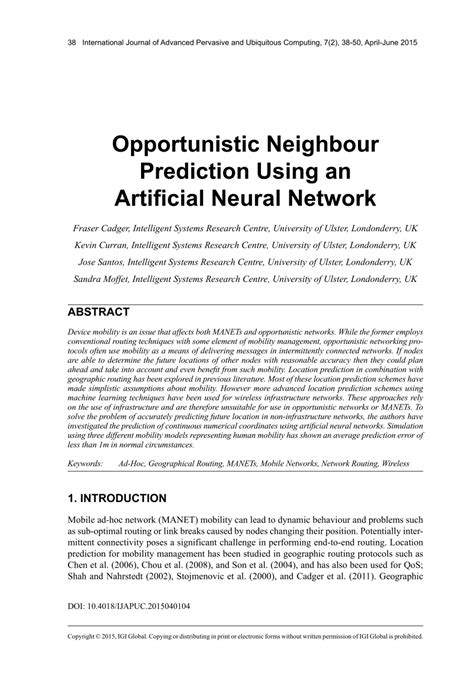 Pdf Opportunistic Neighbour Prediction Using An Artificial Neural Network