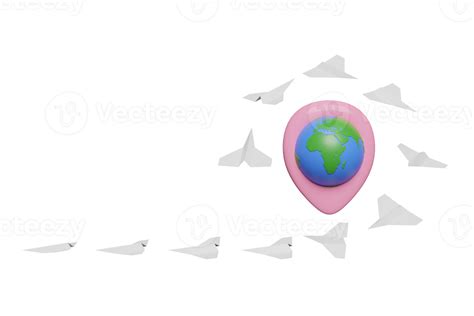 3d World Map And Pin With Paper Plane Isolated Abstract Background Map Earth Travel Air Cargo