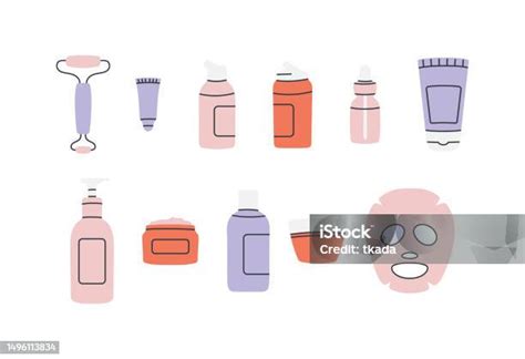 몸과 피부 관리를 위한 다른 아름다움 화장용 제품의 세트 병 튜브 및 항아리에 담긴 유기농 화장품 묶음 흰색으로 분리된 컬러 플랫 벡터 그림 단일 객체에 대한 스톡 벡터