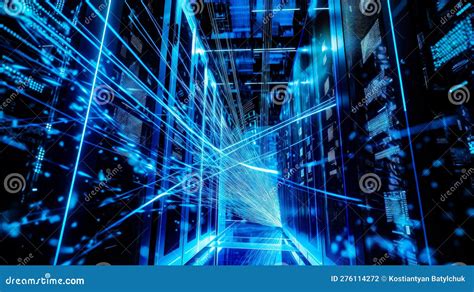 The Inside Of Server Room With Blue Lights And Lines On The Walls Generative AI Stock Photo