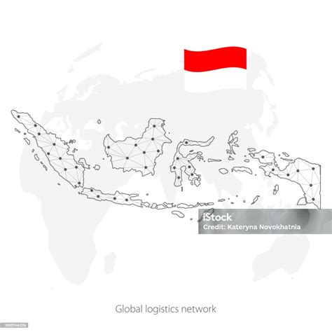 글로벌 물류 네트워크 개념입니다 통신 네트워크 지도 인도네시아 세계 배경입니다 다각형 스타일과 플래그 노드와 인도네시아의 지도 벡터 그림 Eps10입니다 개념에 대한 스톡