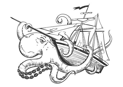 Premium Vector Giant Octopus Catches Old Style Sail Ship Hand Drawn Vector Illustration