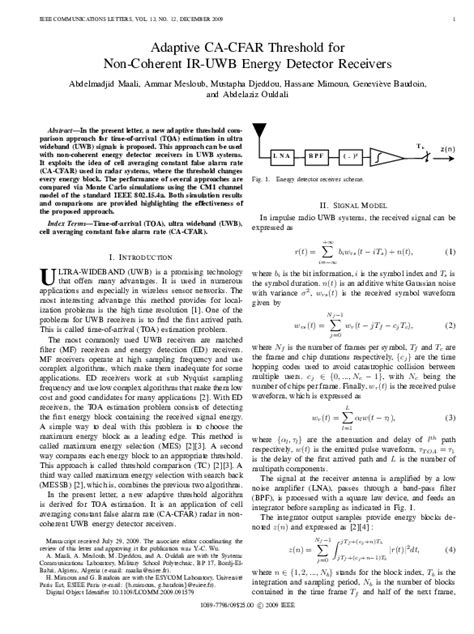 Pdf Adaptive Ca Cfar Threshold For Non Coherent Ir Uwb Energy Detector Receivers