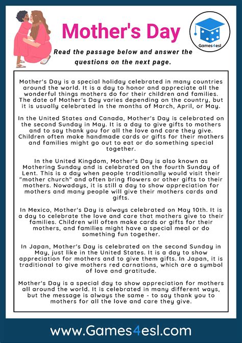 Mother S Day Reading Comprehension Worksheet Reading Comprehension Worksheets Comprehension