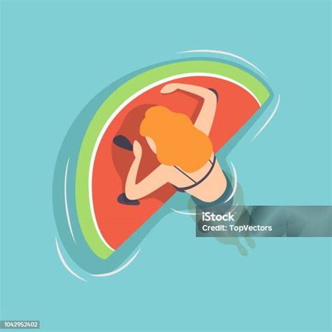 상위 뷰 벡터 일러스트 레이 션 수영장에 수 박의 모양에 팽창 식 매트리스에 떠 있는 젊은 여자 계절에 대한 스톡 벡터 아트 및