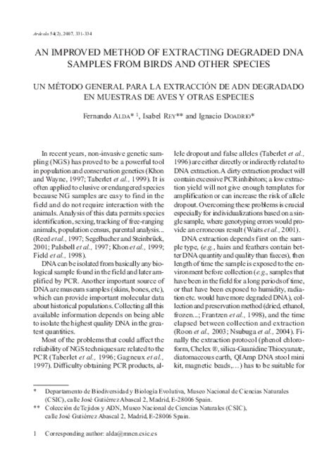 Pdf An Improved Method Of Extracting Degraded Dna Samples From Birds And Other Species