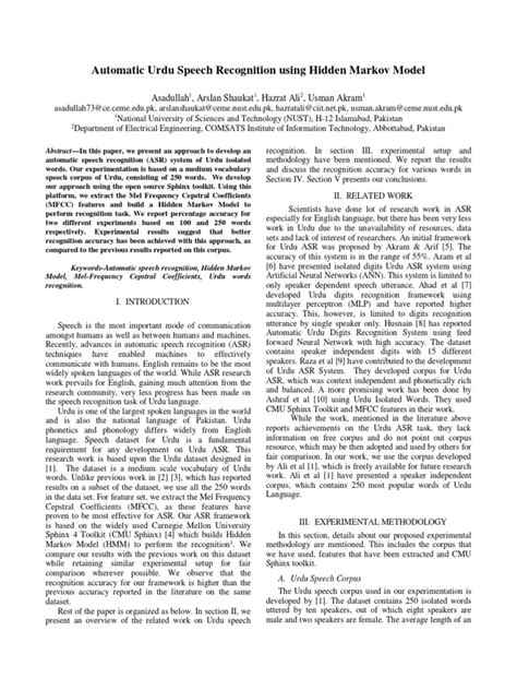 Automatic Urdu Speech Recognition Using Pdf Speech Recognition Cognitive Science
