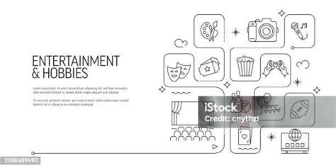 엔터테인먼트 및 취미 관련 라인 아트 배너 디자인 극장 영화관 노래방 게임 콘솔 음악 축제 그림 스포츠 Brand Name Video Game에 대한 스톡 벡터 아트 및