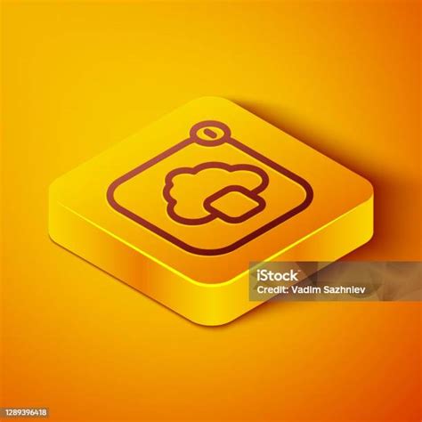 주황색 배경에서 격리된 등소 라인 클라우드 기술 데이터 전송 및 저장소 아이콘입니다 노란색 사각형 버튼입니다 벡터 3차원 형태에 대한 스톡 벡터 아트 및 기타 이미지