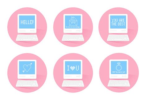 미래 복고풍 컴퓨터 화면에 사랑스러운 메시지 온라인 데이트 로맨스 개념 가상 사랑 장거리 관계 인쇄 스티커 웹 디자인을위한 트렌디 한 벡터 일러스트레이션 Brand Name