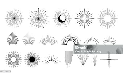 신비로운 우주 몸 달 초승달 태양 후광 별 및 빛나는 물체 신성한 요소 검은 선 Silhouttes 마법의 비현실적인 디자인 항목 세트 원래 손으로 그린 격리 된 클립 아트