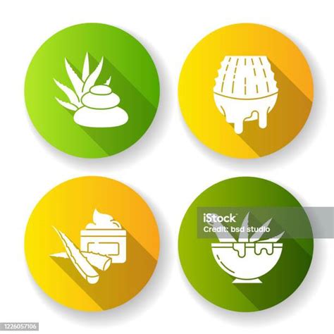 알로에 베라 플랫 디자인 긴 그림자 문 하 아이콘 세트 식물 기반 크림 약초의 보습 주스 스파 트리트먼트 로션과 크림 화장품