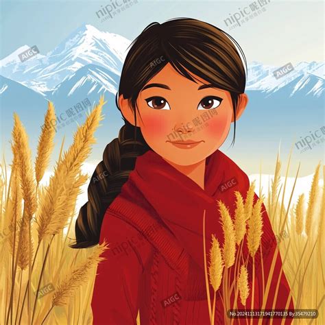 Ai创作图农家女麻花辫女孩 青稞插画 抱麦子的女孩 卡通农村姑娘 新疆麦穗插画 新疆插画女孩 农村姑娘插画 手绘农村女孩 塔吉克族人物插画