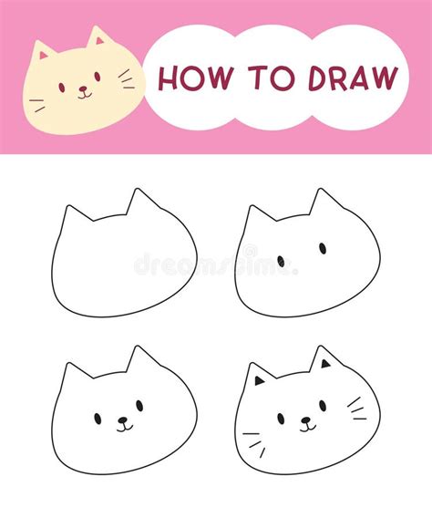 How To Draw Cat Face Cartoon Step By Step For Learning Kid Education Coloring Book Vector