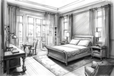 Interior Sketch Of A Bedroom Showing The Coffee Table In Front Of The Window With Roman Blinds