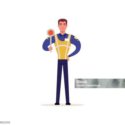 교통 경찰 교통 표지 작업 벡터 일러스트 레이 션에서 경찰관 캐릭터를 보여주는 높은 시정 조끼와 군복에서의 장교 거리에 대한 스톡 벡터 아트 및 기타 이미지 Istock