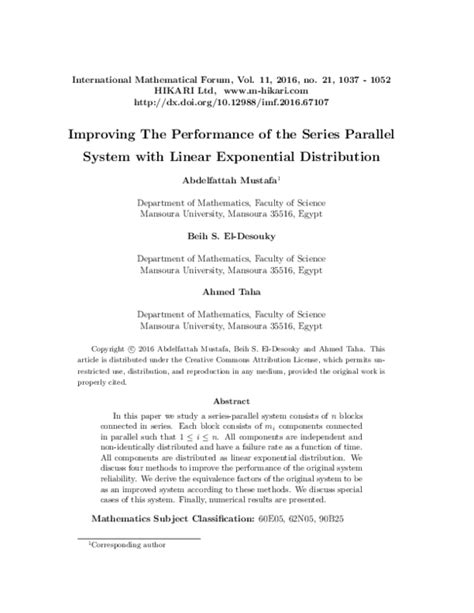 Pdf Improving The Performance Of The Series Parallel System With Linear Exponential Distribution