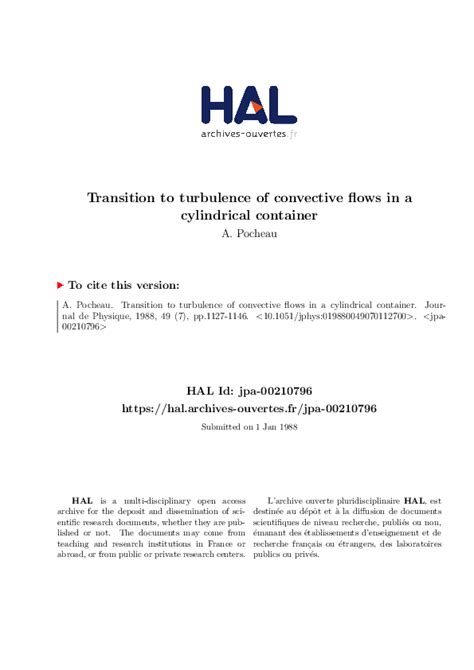 Pdf Transition To Turbulence Of Convective Flows In A Cylindrical Container