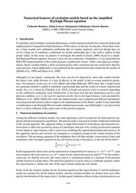 Pdf Numerical Features Of Cavitation Models Based On The Simplified Rayleigh Plesset Equation