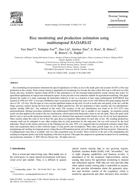 Pdf Rice Monitoring And Production Estimation Using Multitemporal Radarsat