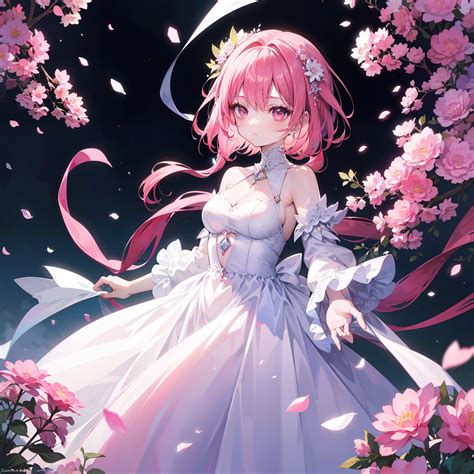 분홍색 머리와 흰색 모자를 쓴 드레스를 입은 애니메이션 소녀 Seaart Ai