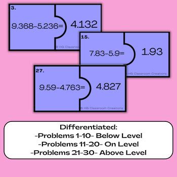 Subtracting Decimals Differentiated Puzzle Piece Matching Activity