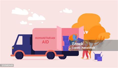 자원 봉사자 캐릭터는 인도주의 적 지원상자를 배포합니다 난민 가난한 사람들 및 취약 한 사회 그룹에 음식 및 기본 필수품의 배포 만화 벡터 일러스트레이션 자선 및 구제