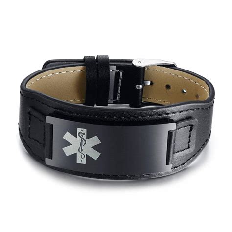 Wide Leather Medical Id Bracelet For Men Band And Bracelets