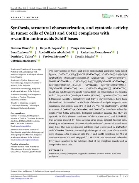 Synthesis Structural Characterization And Cytotoxic Activity In Tumor Cells Of Cu Ii And Co