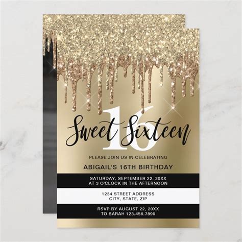Elegant Gold Glitter Drips Sweet Sixteen Photo Invitation Zazzle
