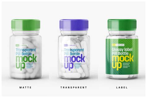透明塑料药瓶贴保健品包装设计样机ps素材贴图 Transparent Pill Bottle Mockup Set 我的设计作品展示