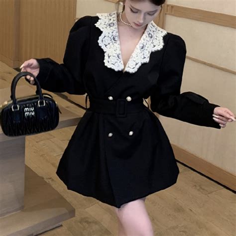 레이스 카라 퍼프 슬리브 더블 버튼 벨트 미니원피스 Oc125415