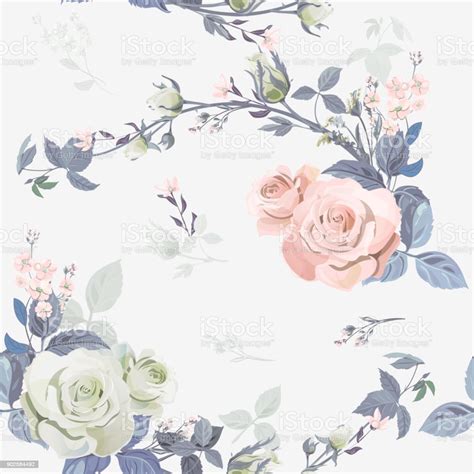 사각 꽃 완벽 한 패턴 분기 곱슬 핑크 로즈 꽃다발 정원 꽃 싹 잎에 흰색 배경 패브릭 벽지 포장지 파스텔 색 빈티지에 대 한