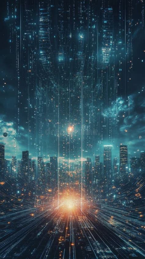 Futuristic Digital City With Light Beams And Abstract Motion Effects Stock Illustration