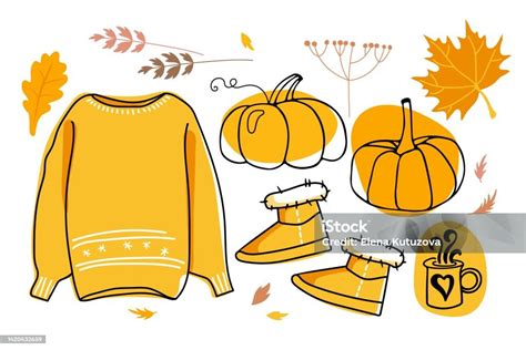 손으로 그린 요소로 설정된 아늑한 가을 따뜻한 니트 스웨터 모피 부츠 호박 마른 식물 및 잎 가을 시즌 속성 흰색으로 격리된 벡터 스케치 아이콘입니다 계절별 디자인 요소